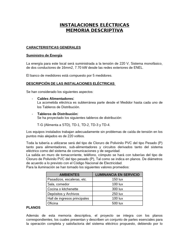 Memoria Descriptiva Instalaciones Electricas | PDF | Corriente eléctrica | Tecnología