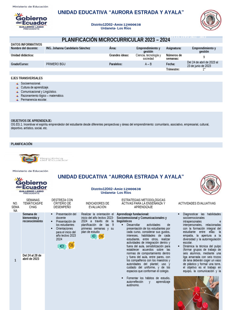 Planificacion de Emp. & Gest 1ero Bgu | PDF