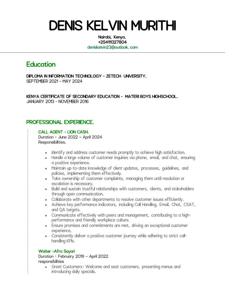 Denis Kelvin Murithi Cv | PDF
