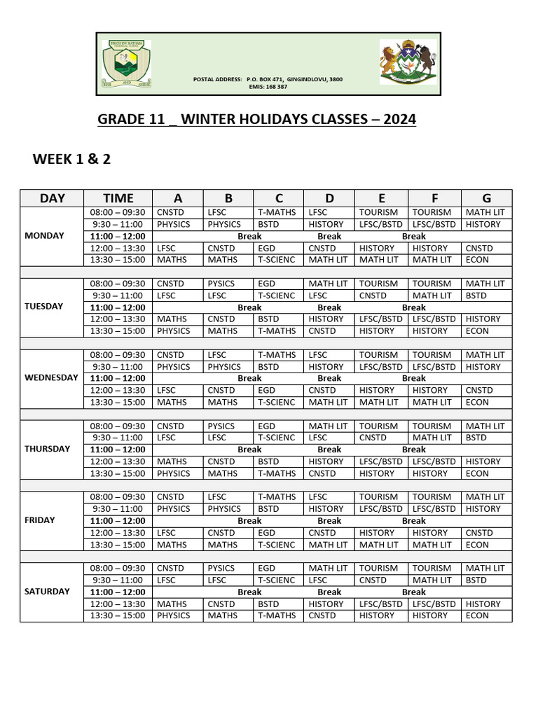 GRADE 11 - WINTER Classes - 2024 | PDF
