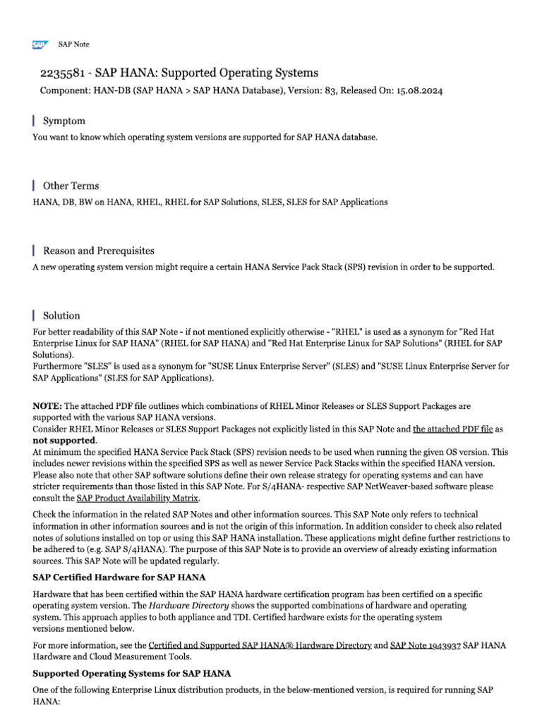 Note 2235581 - SAP HANA - Supported Operating Systems | PDF