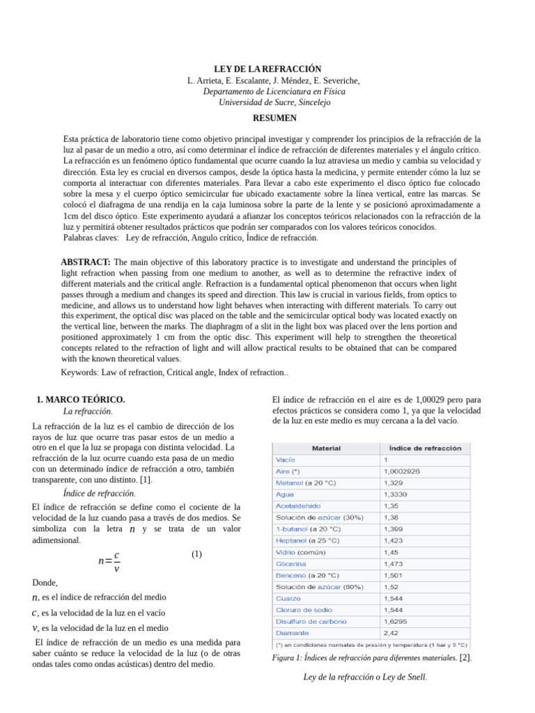 Lab 3 de Optica, Refraccion de La Luz (1,2) | PDF
