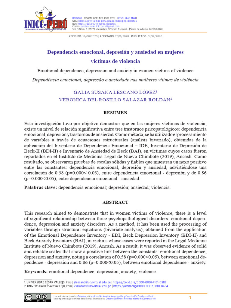Lezcano y Salazar, (2020) - Dependencia Emocional, Depresión y Ansiedad en Mujeres Víctimas de ...