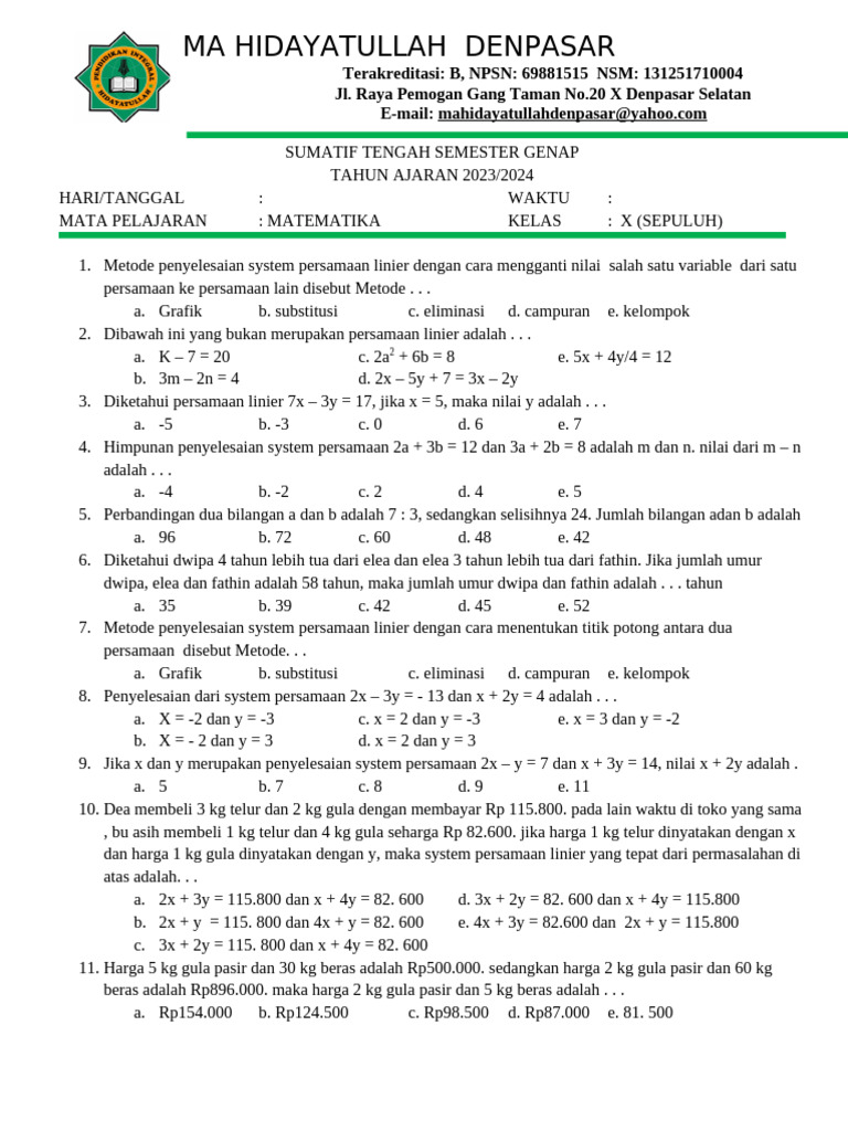 Soal PTS MTK Ma KLS 10 | PDF
