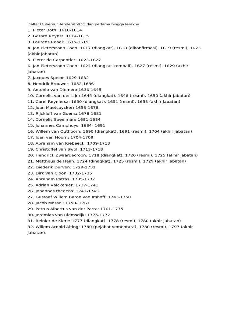Daftar Gubernur Jenderal VOC Dari Pertama Hingga Terakhir | PDF