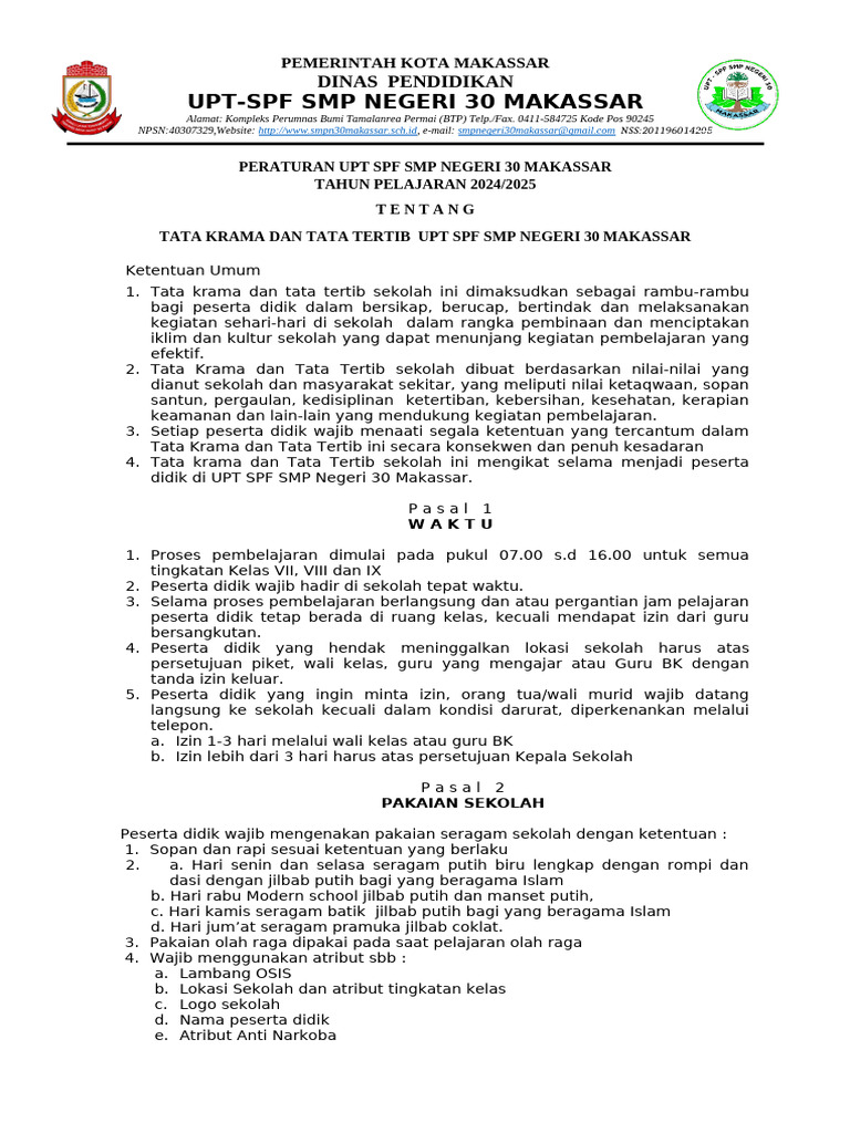 Tata Tertib Sekolah TP 2024-2025 | PDF