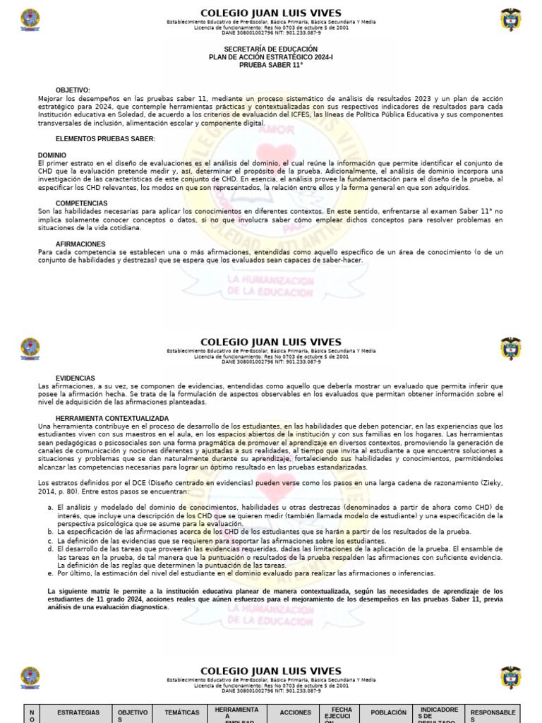 Plan de Accion Mejoramiento Prueba Saber 2024. | PDF