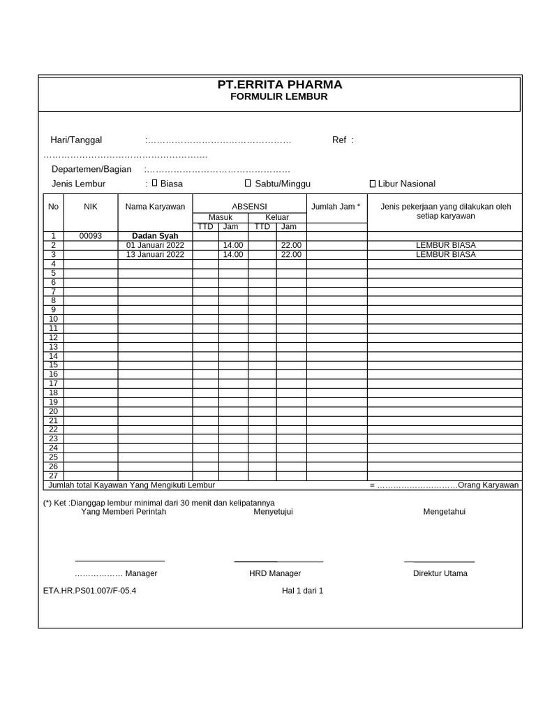 Form Lembur Karyawan | PDF