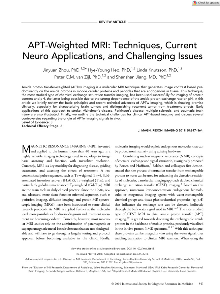 Magnetic Resonance Imaging - 2019 - Zhou - APT Weighted MRI Techniques ...