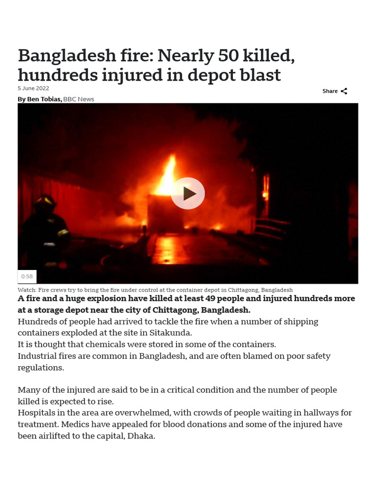 Bangladesh Fire - Nearly 50 Killed, Hundreds Injured in Depot Bla | PDF
