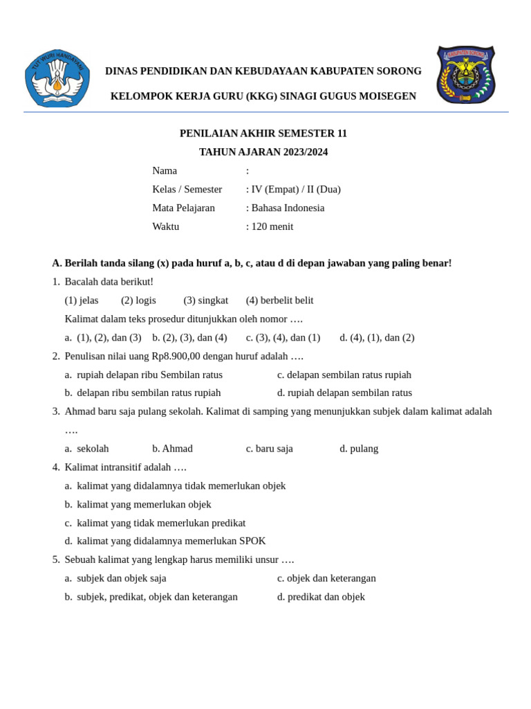 Soal BHS Indonesia KLS 4 KKG | PDF