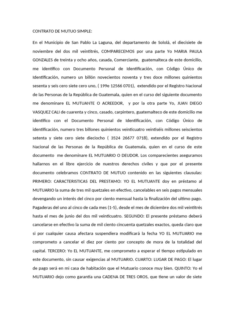 Contrato de Mutuo Simple | PDF