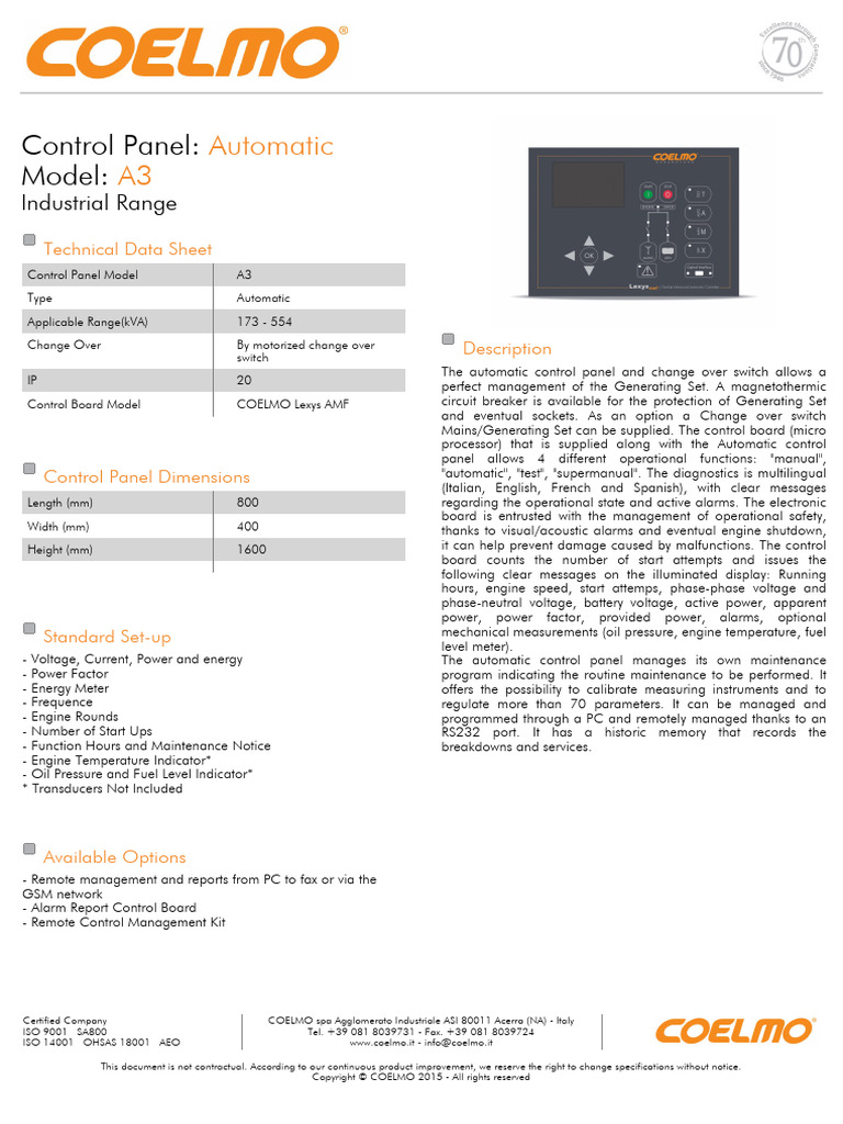 Automatic Control Panel A3 COELMO | PDF