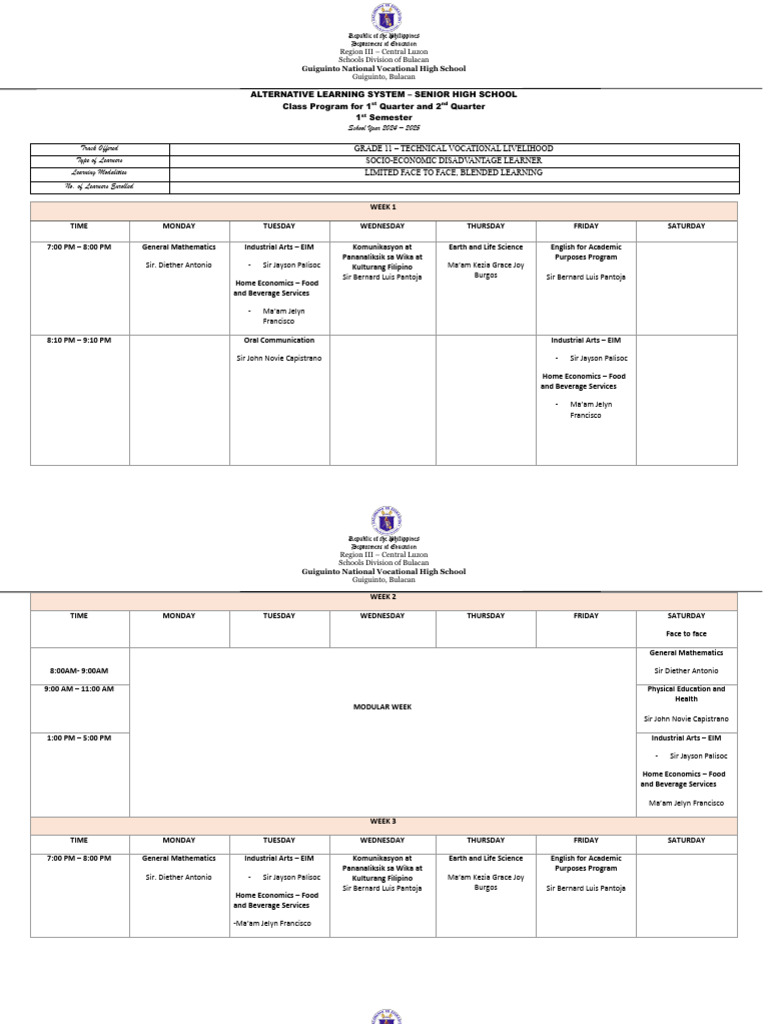 Class Program TVL IA HE 1st Sem SY 24 25 | PDF