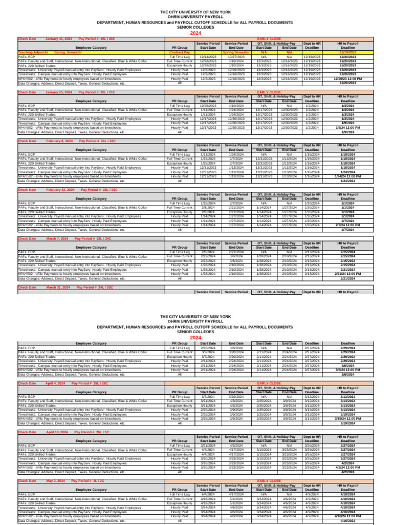 HR and Payroll Calendar Schedule 2024 Campus | PDF