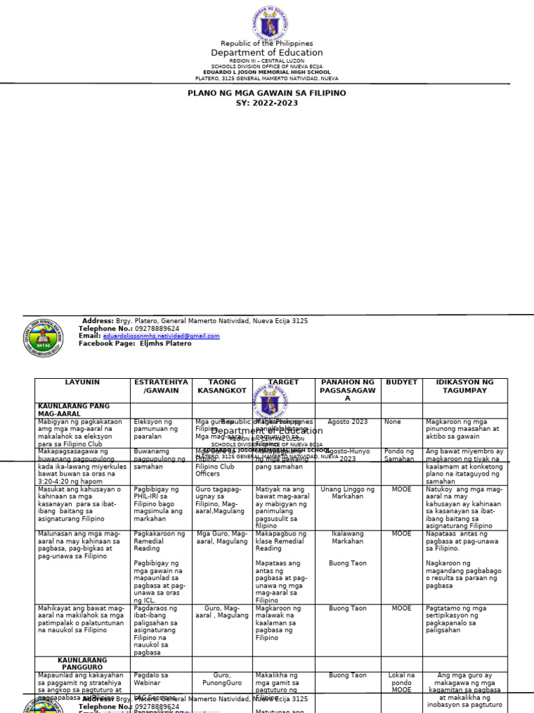 Action Plan FILIPINO | PDF