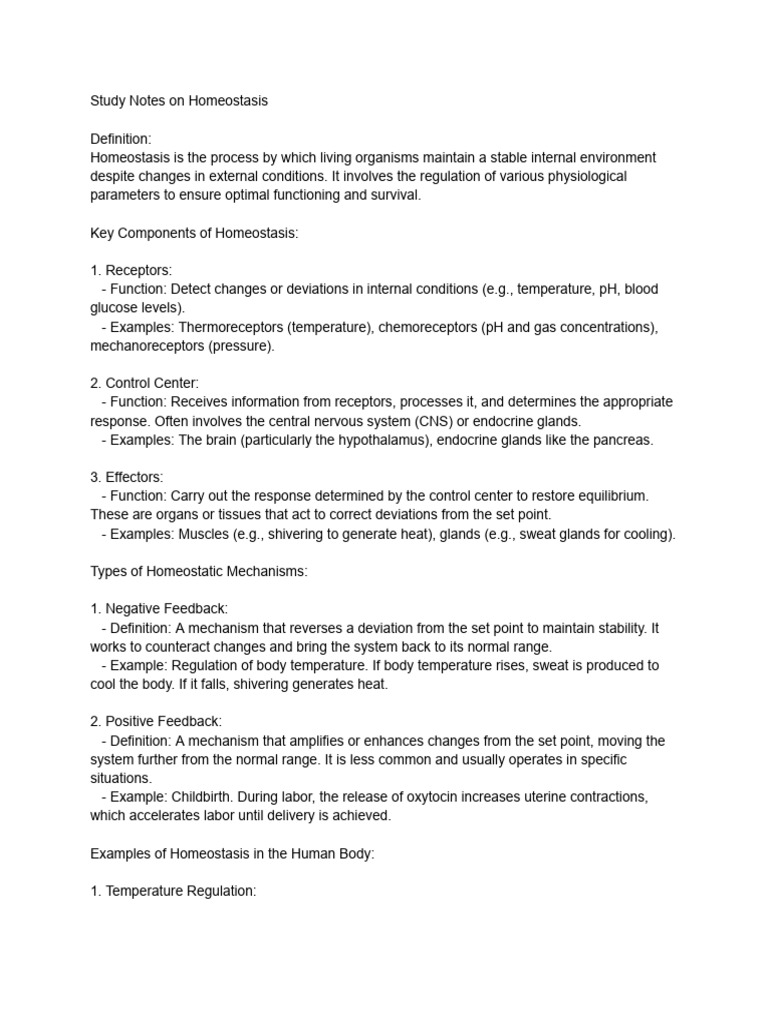 Study Notes On Homeostasis | PDF