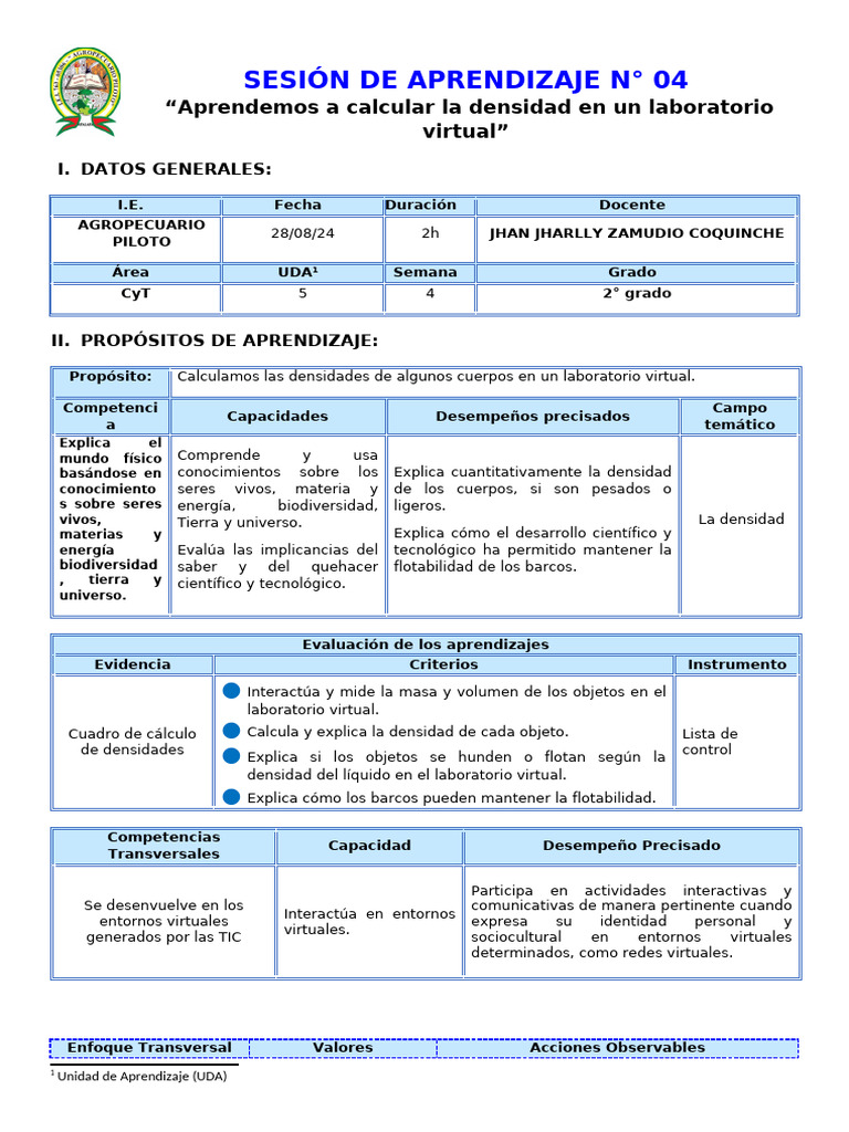 Sesión de Aprendizaje N 6 Segundo Grado | PDF | Densidad | Metrología