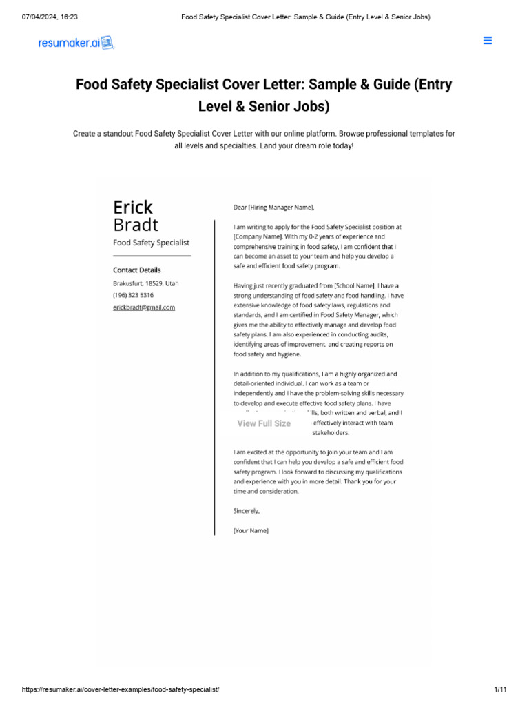 Food Safety Specialist Cover Letter - Sample & Guide (Entry Level & Senior Jobs) | PDF