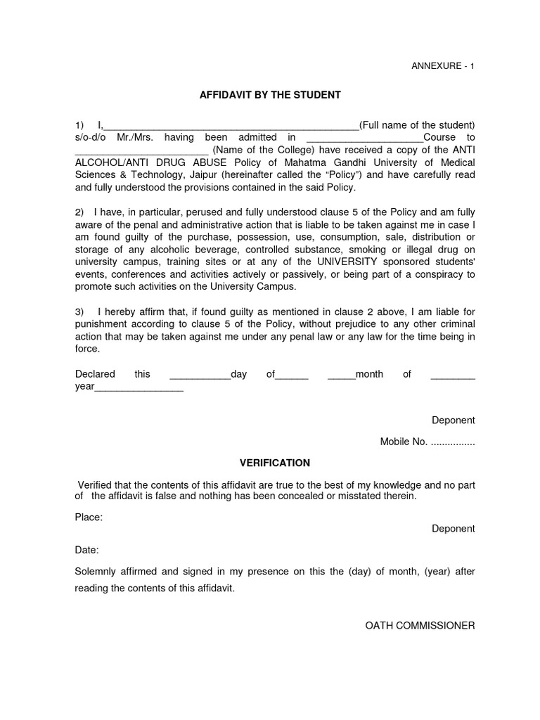 Student Anti-Drug Affidavit Template | PDF | Affidavit | Social Aspects ...