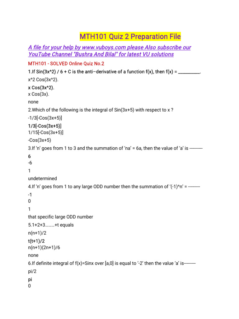 Mth101 Quiz 2 File-1 | PDF