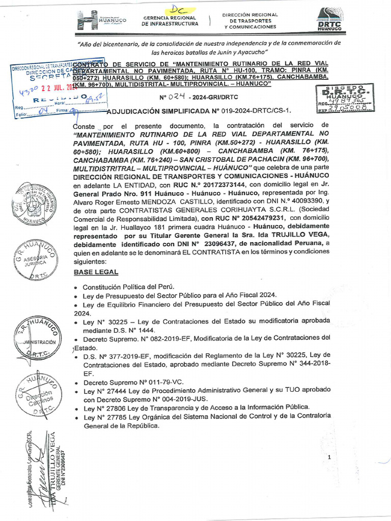 Contrato Nº024-2024 (Pinra - Canchabmaba) | PDF