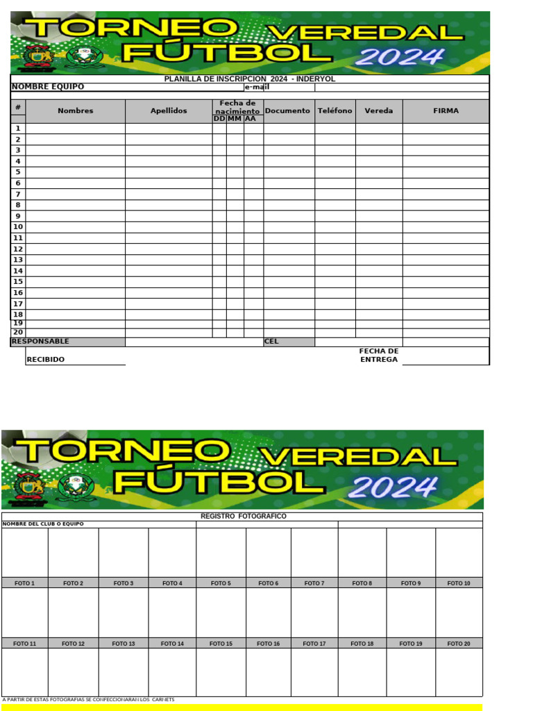 PLANILLA INSCRIPCION FUTBOL MASCULINO 2024 Veredal | PDF