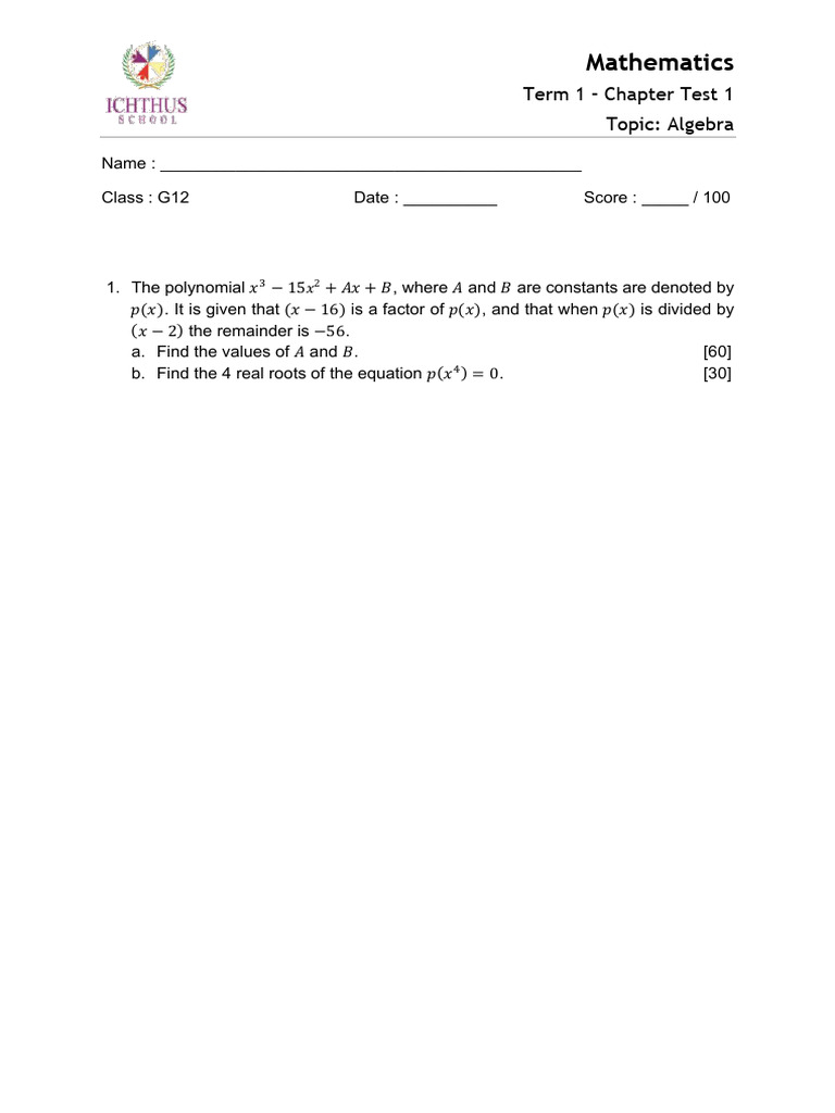 2023-2024 - Mathematics - G12 - Chapter Test-1 - Algebra | PDF