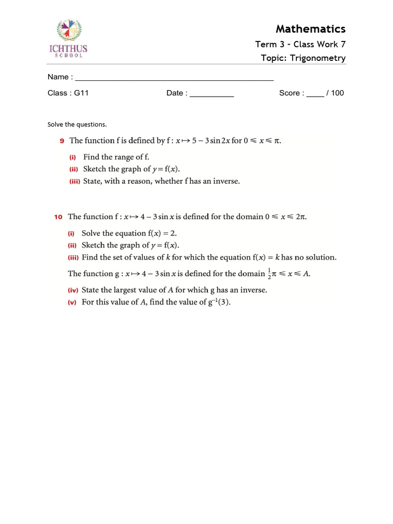 2022-2023 Mathematics g11 Class Work-7 Trigonometry | PDF