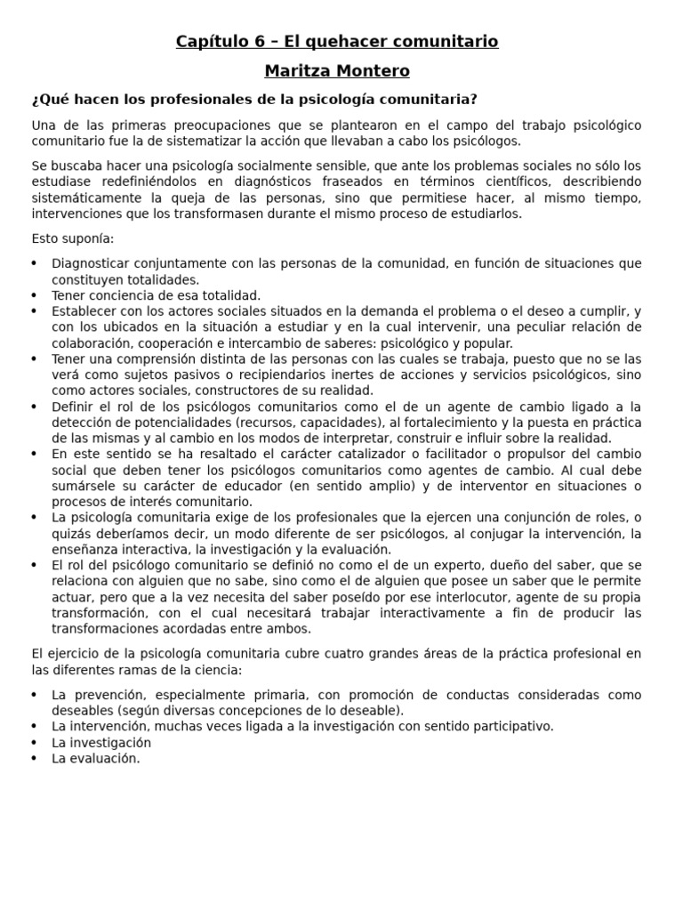 El Quehacer Comunitario - Montero (Resumen) | PDF