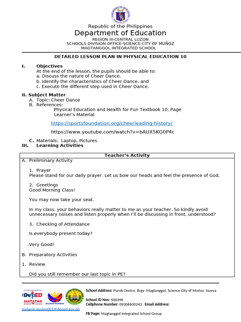 Lesson Plan in P.E 10 Cheer Dance | PDF | Cheerleading