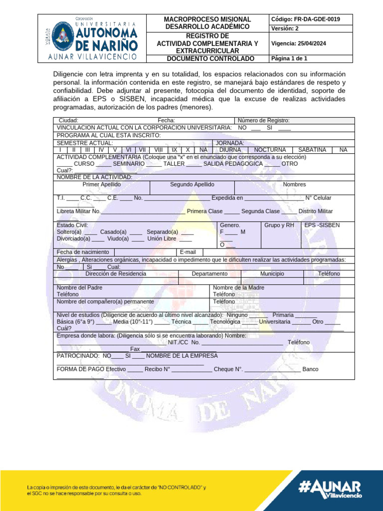 Fr-Da-Gde-0019 Registro de Actividad Complementaria y Extracurricular | PDF