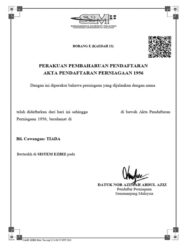 Contoh - SSM Sijil Kedai Makan | PDF