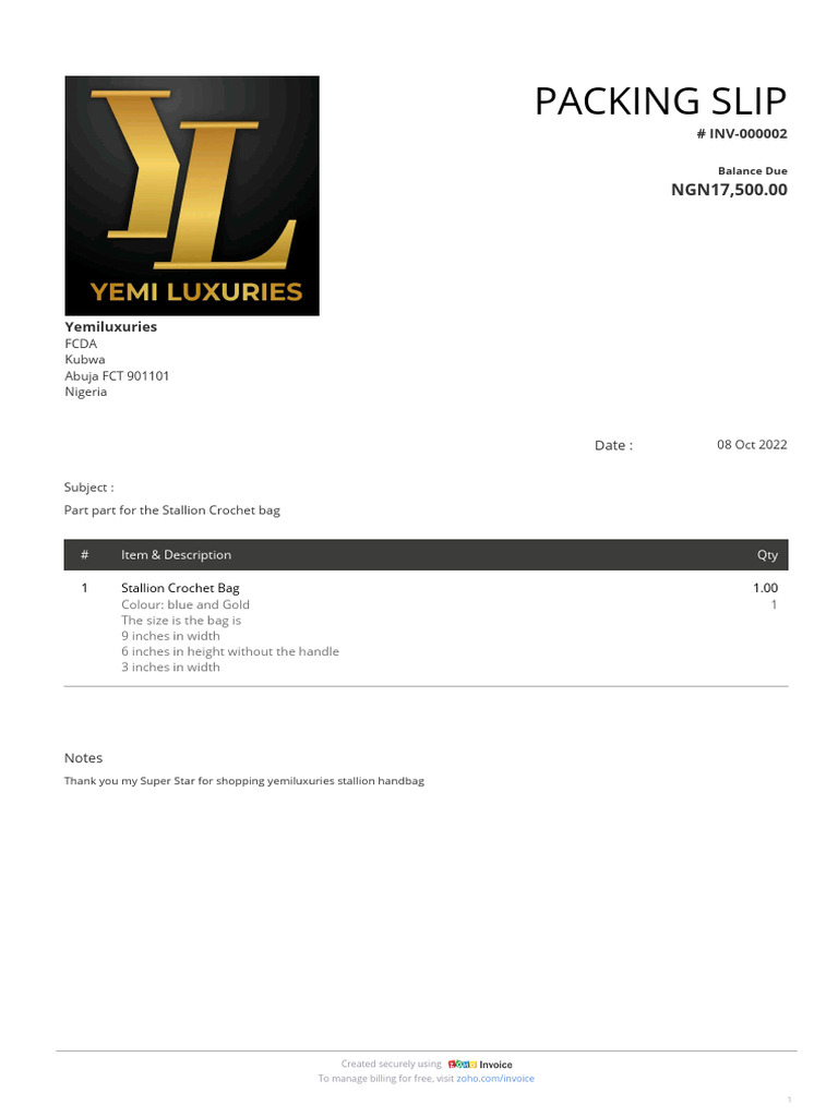 Packingslip Inv 000002 | PDF