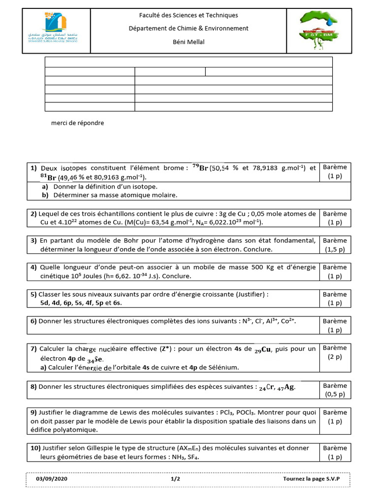 Examen Structure de La Matière Section B MIPC GEGM P1 | PDF