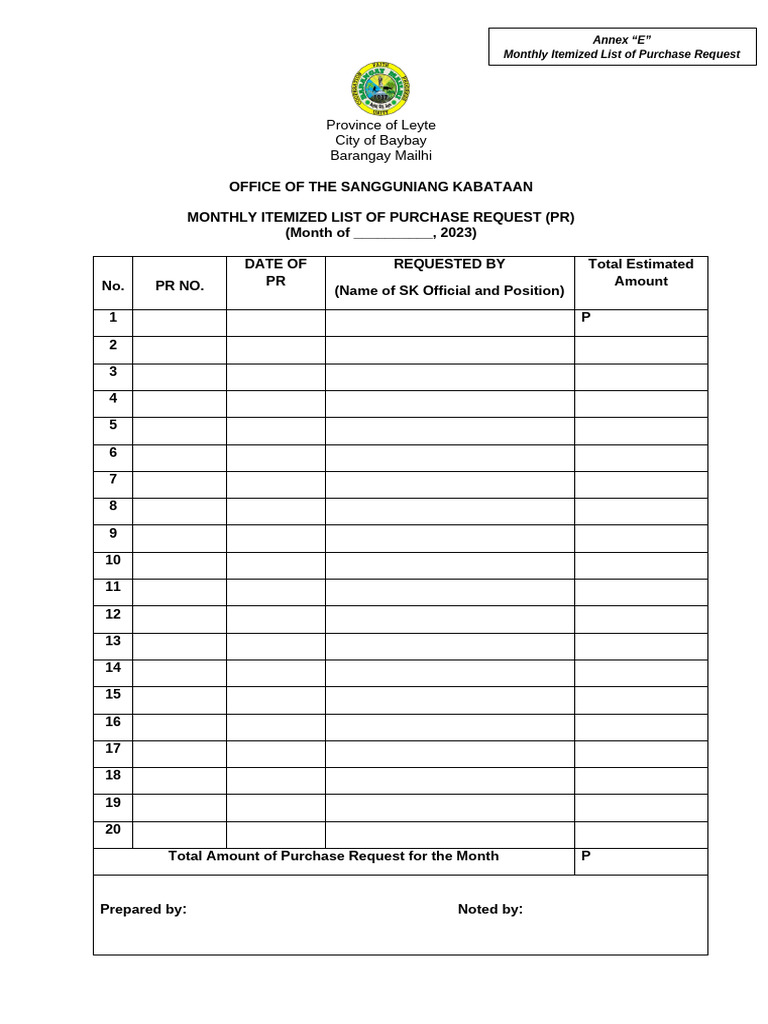 3.7 SK MC Annex e Monthly Itemized Purchase Request SKFPD Policy Template 1 1 | PDF