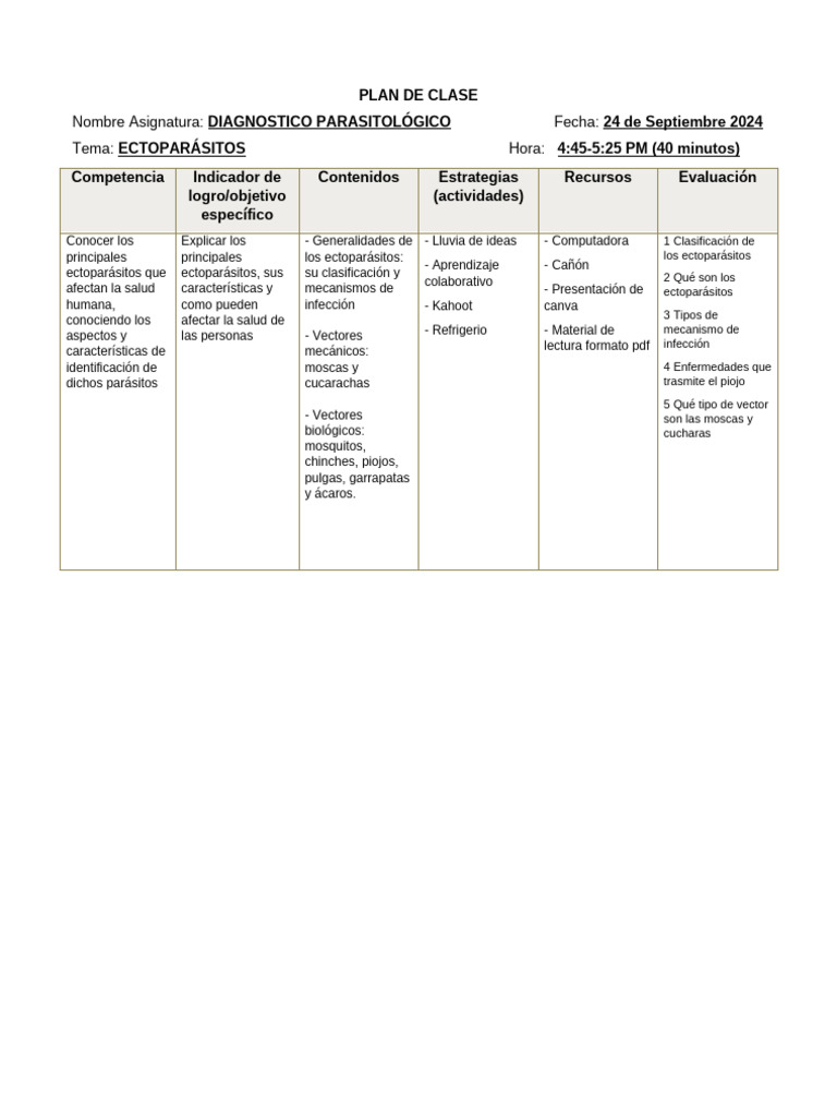 PLAN de CLASE Ectoparacitos - 101125 | PDF