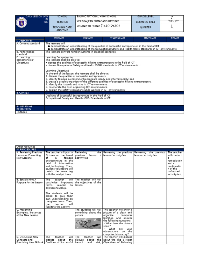 DLL in Tle Ict 7 Q1 Week 2 | PDF | Educational Technology | Teachers