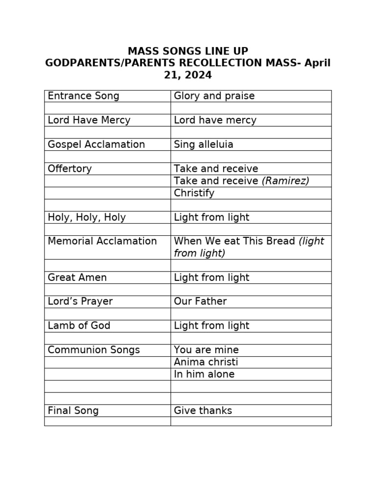 Mass Songs Line Up August 30 | PDF