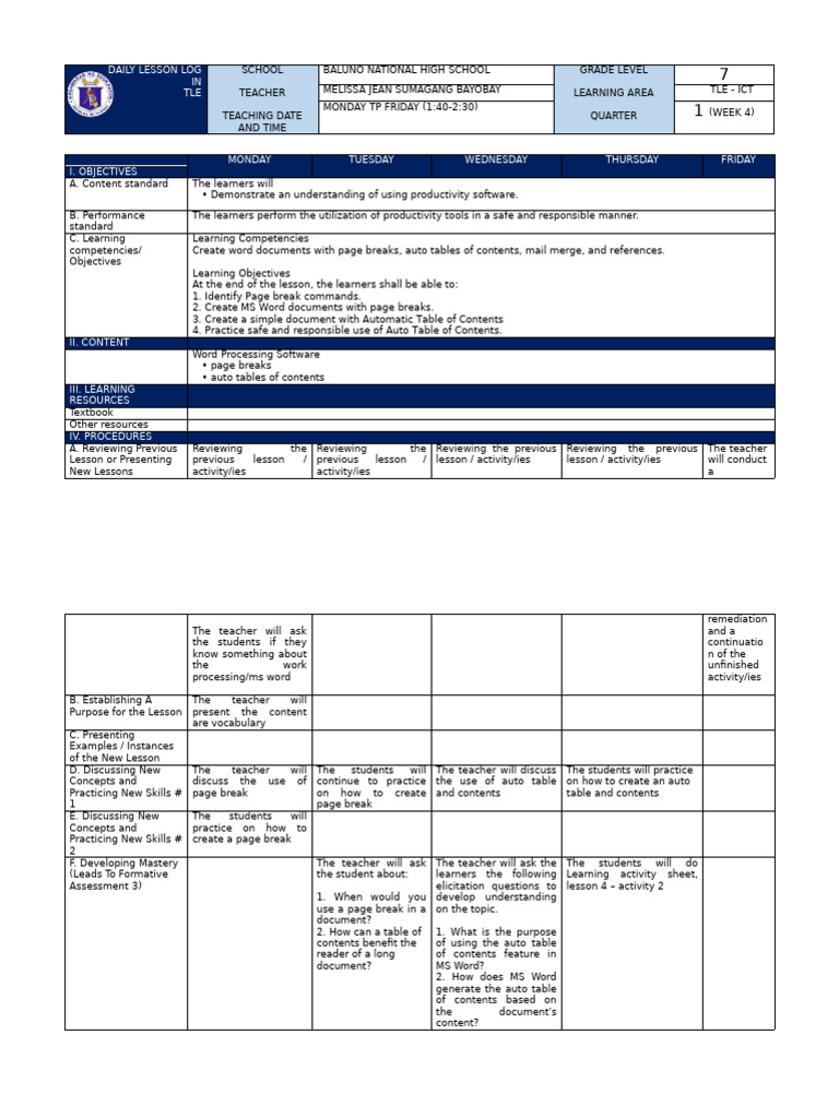 DLL in Tle Ict 7 Q1 Week 4 | PDF | Education Theory | Cognitive Science