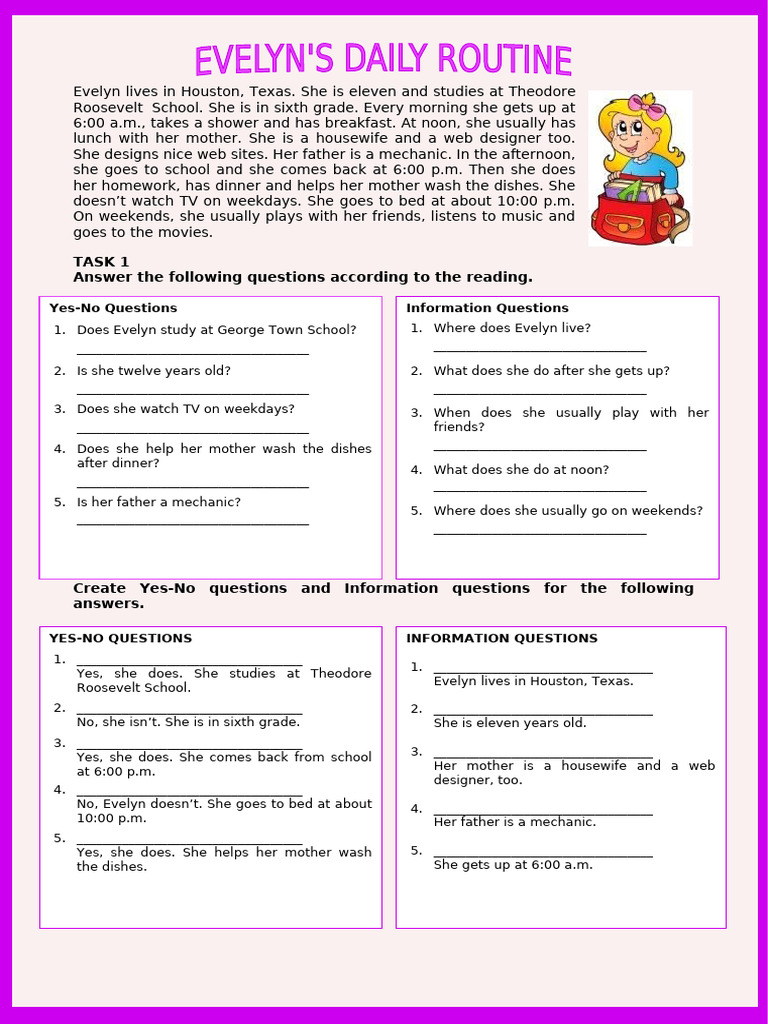 Evelyns Daily Routine Fun Activities Games Reading Comprehension ...