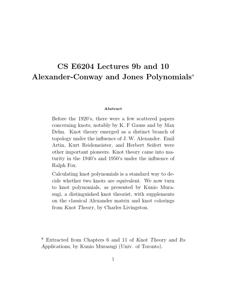 J. Gross - CS E6204 Lectures 9b and 10: Alexander-Conway and Jones Polynomials | PDF | Topology ...