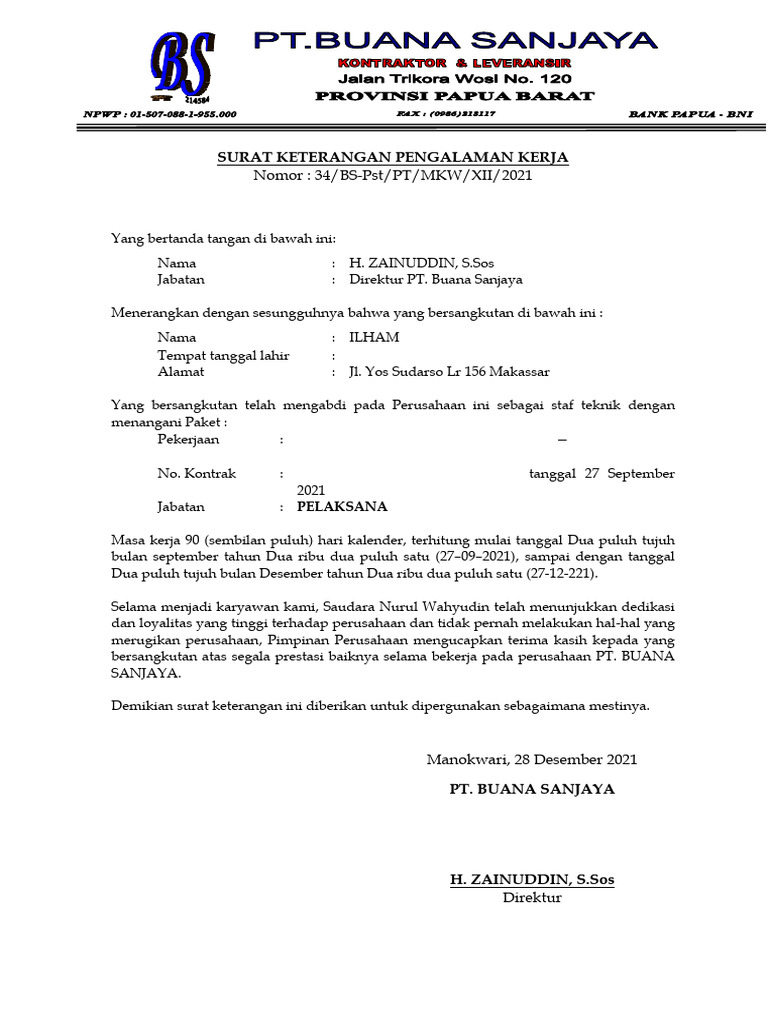 Surat Pengalaman Kerja Buana | PDF