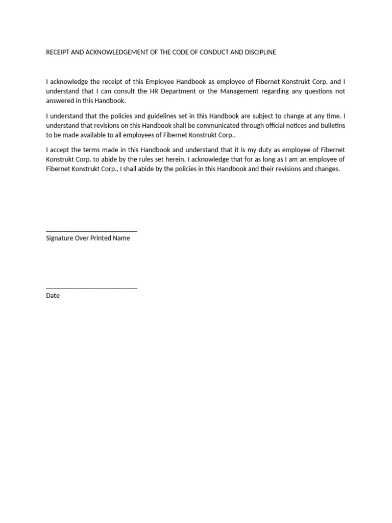 Receipt and Acknowledgement of The Code of Conduct and Discipline | PDF