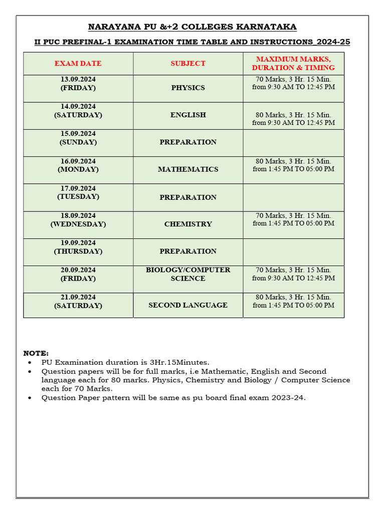 Ii Puc Prefinal-1 Examination Time Table & Paper Setting Details - 2024 ...