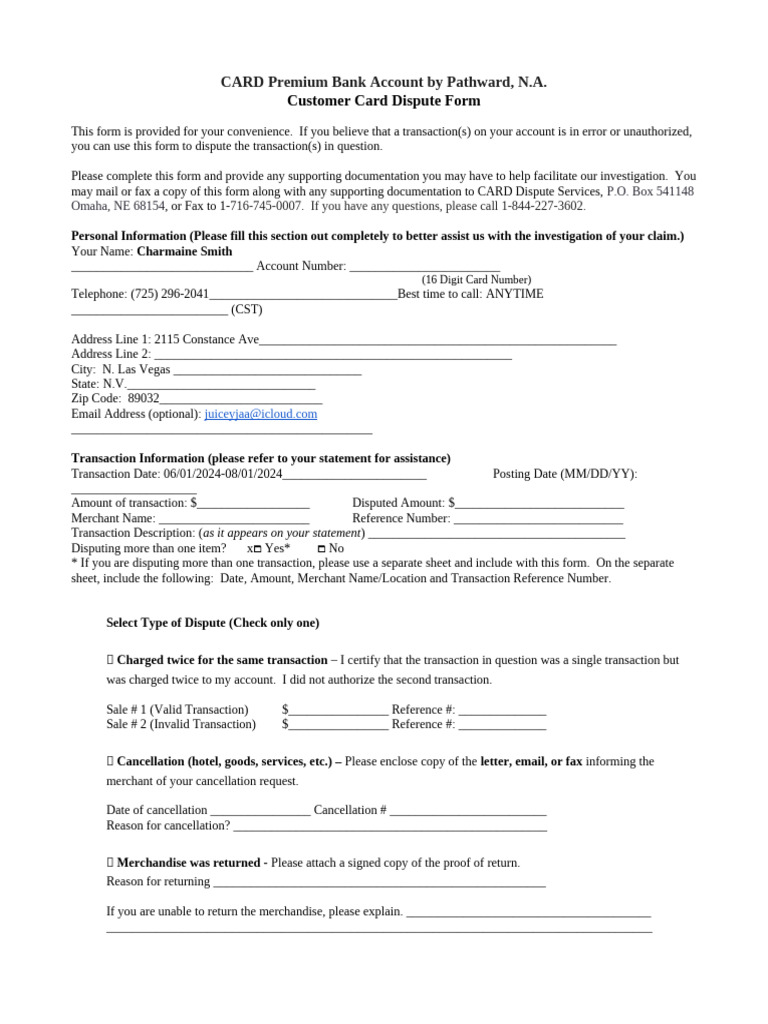 Dispute Form For Card - DDA - 12012022 2 | PDF