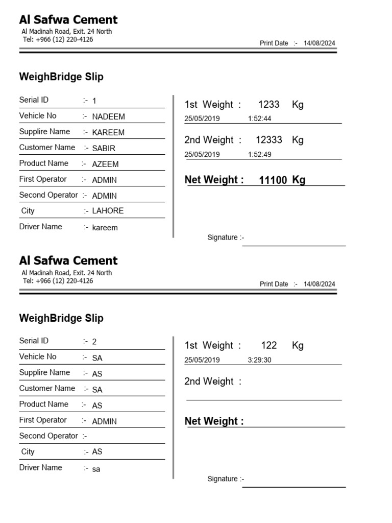 Al Safwa Cement: Weighbridge Slip | PDF