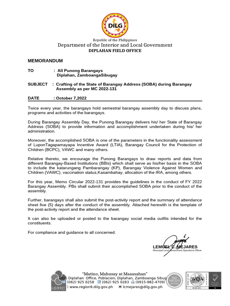 Crafting of The State of Barangay Address (SOBA) During Barangay ...
