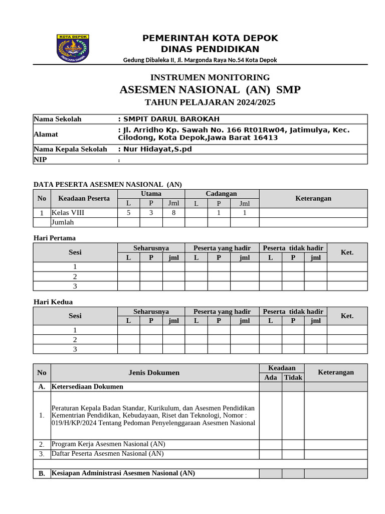 Instrumen Monev Asesmen Nasional 2024 | PDF