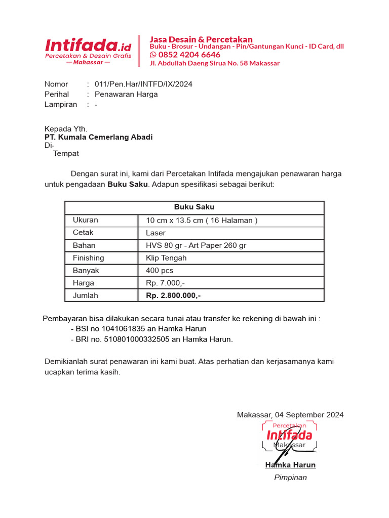 Intifada - Surat Penawaran PT. Kumala Cemerlang Abadi | PDF